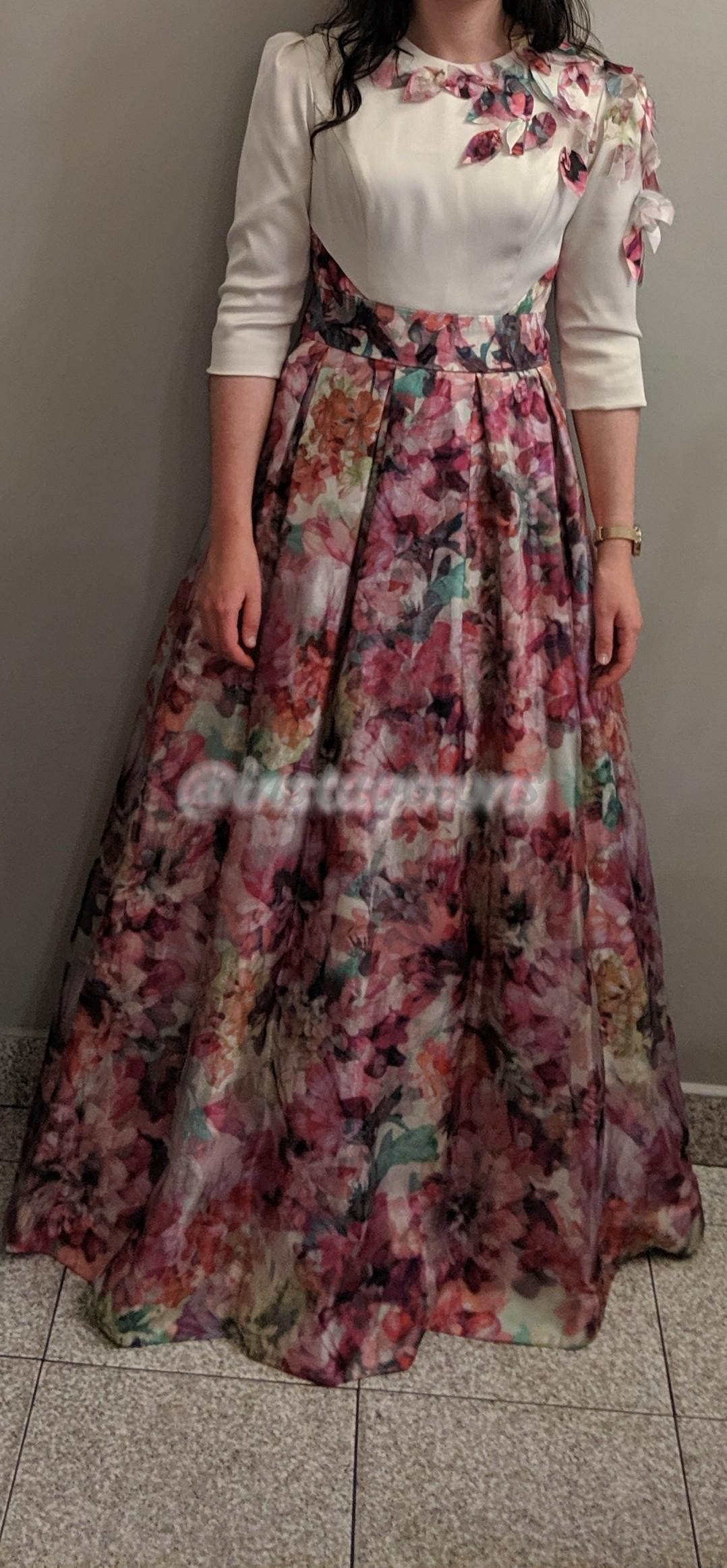 Floral gown with pop up leaves over shoulder gown for rent or sale ...